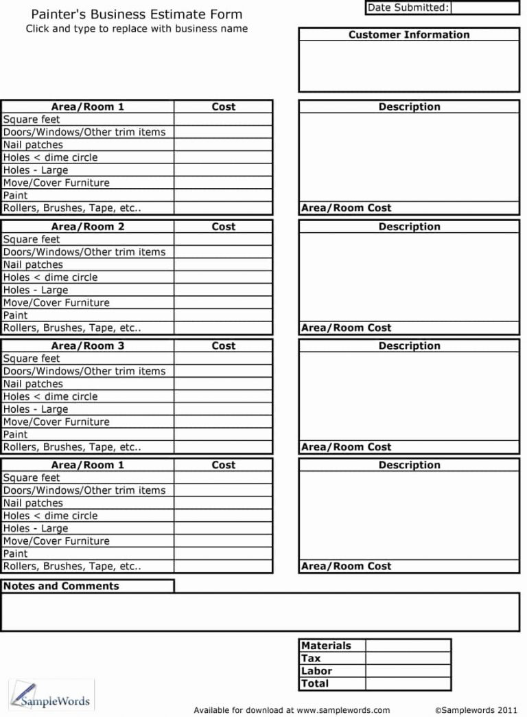 Painting Estimate Form Calendar For Planning